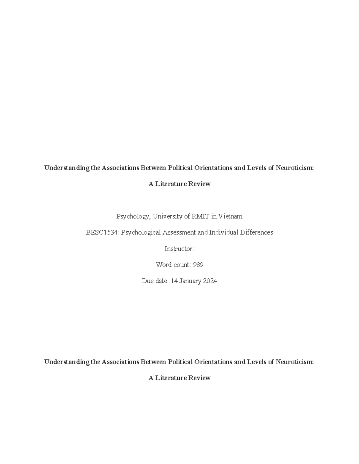 BESC1534: Literature Review on Neuroticism and Political Orientation ...
