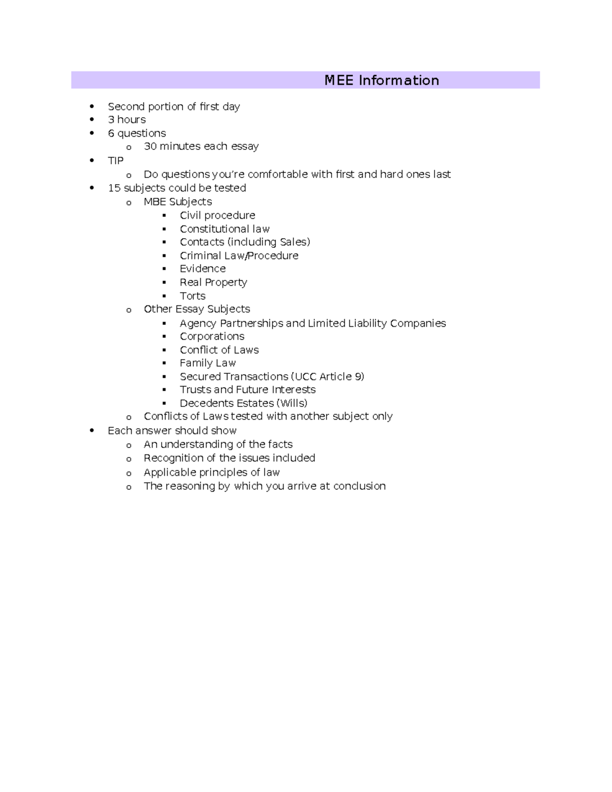 MEE Info: Strategies for 3-Hour Essay Exam with 15 Subjects - Studocu