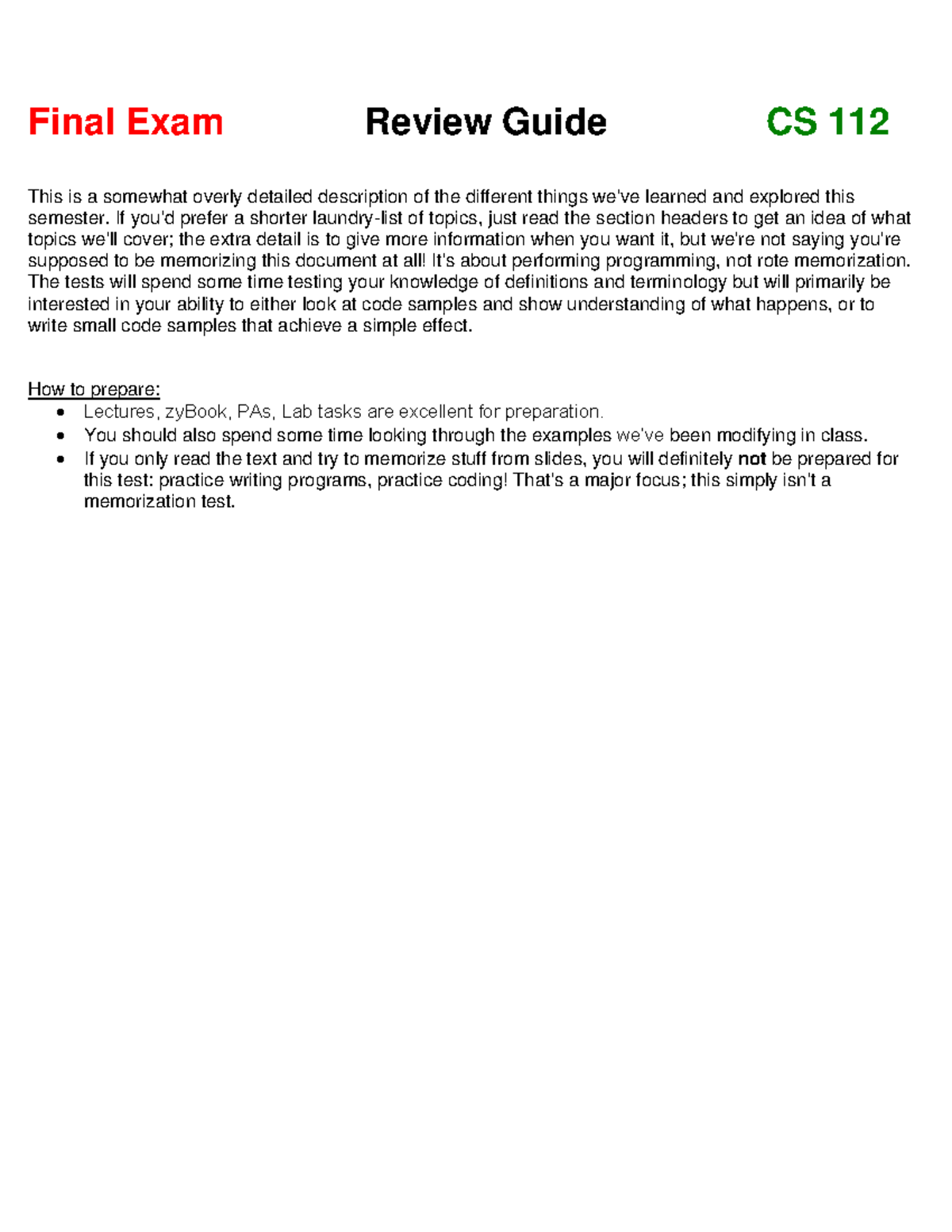 Final Exam Review Guide for CS 112: Key Concepts and Preparation - Studocu