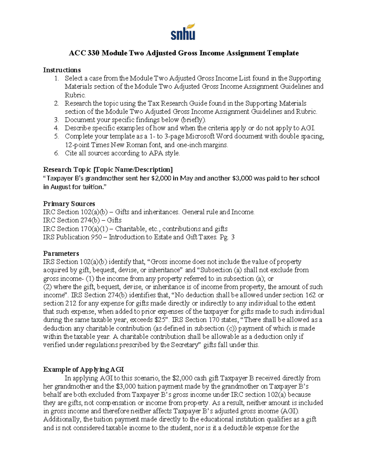 ACC 330 AGI Assignment Template: Case Study Instructions - Studocu
