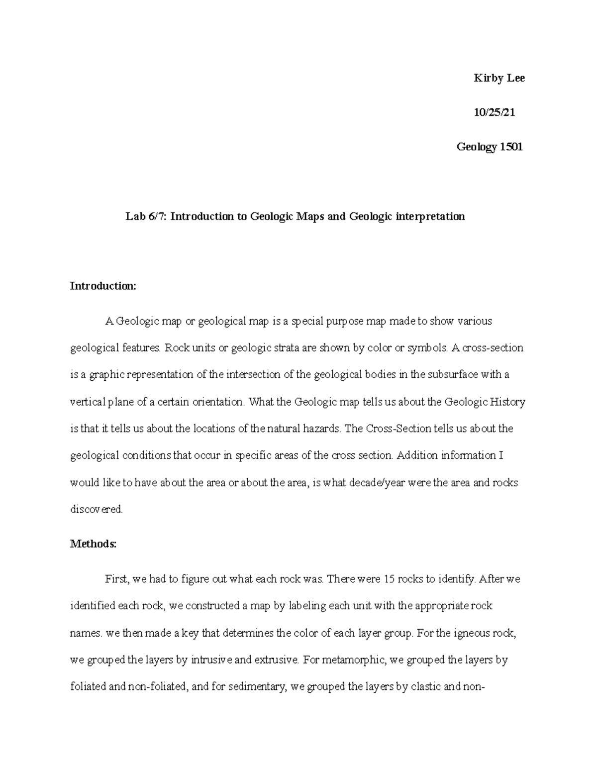 Lap Report #6 Geology 1501 - Kirby Lee 10/25/ Geology 1501 Lab 6/7 ...