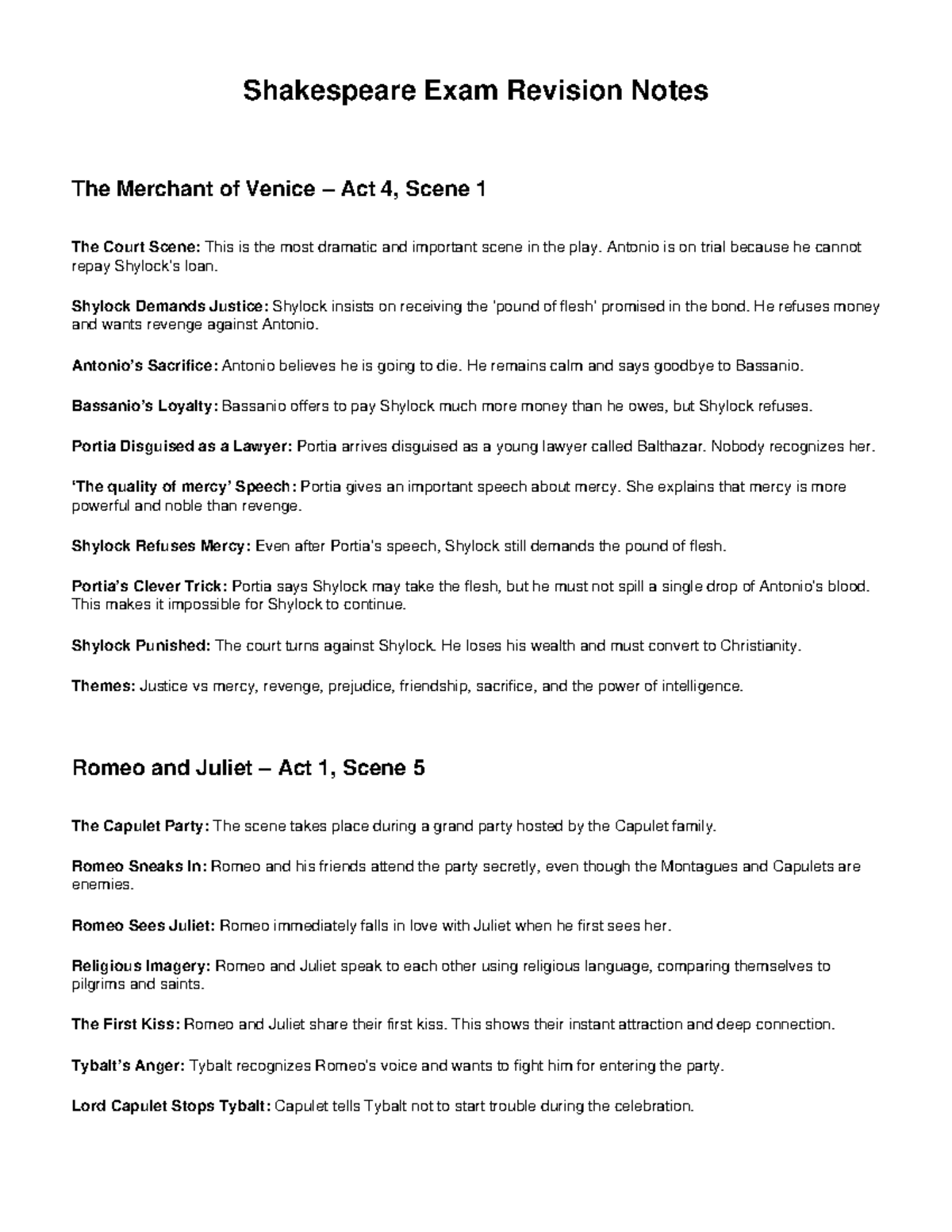 Shakespeare Exam Revision Notes: The Merchant of Venice & Romeo and ...