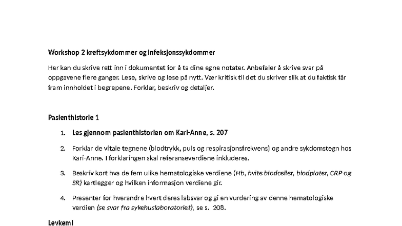 Workshop 2: Kreftsykdommer og Infeksjonssykdommer - Notater og Oppgaver ...
