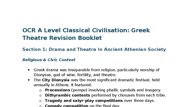 OCR A Level Classical Civilisation: Greek Theatre Revision Notes - Studocu