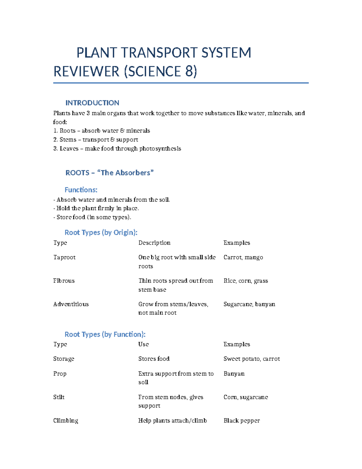 Plant Transport System Reviewer (SCIENCE 8) - Studocu
