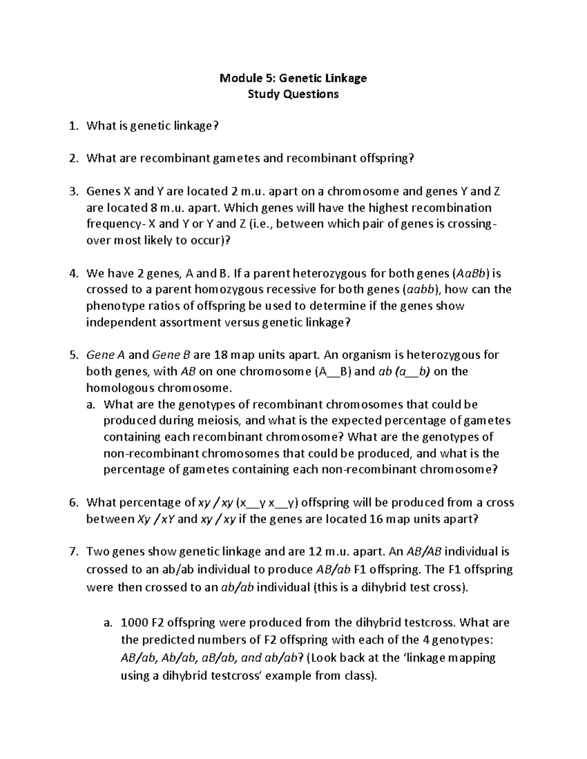Module 5: Genetic Linkage - Study Questions and Answers Guide - Studocu