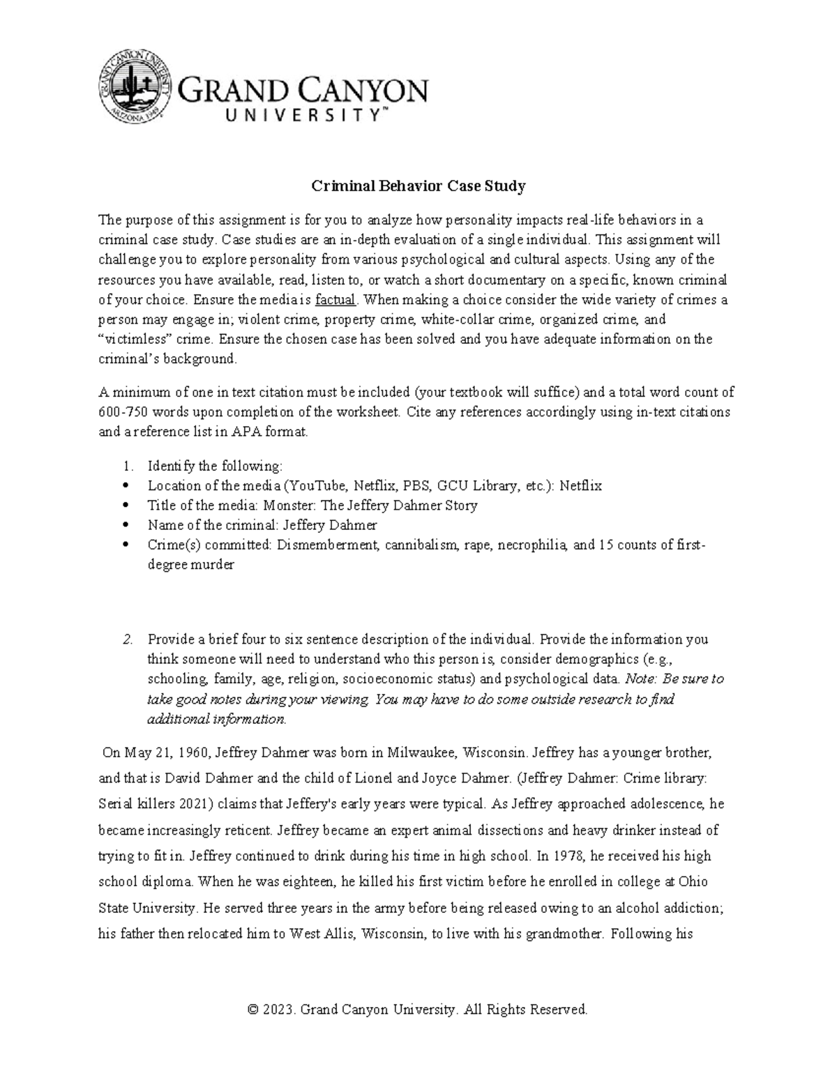 Analyzing Criminal Behavior: The Case of Jeffrey Dahmer (PSY 101) - Studocu