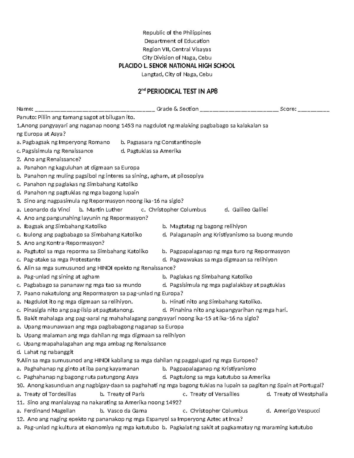 AP8 2nd Periodical Test: Key Events in European History - Studocu