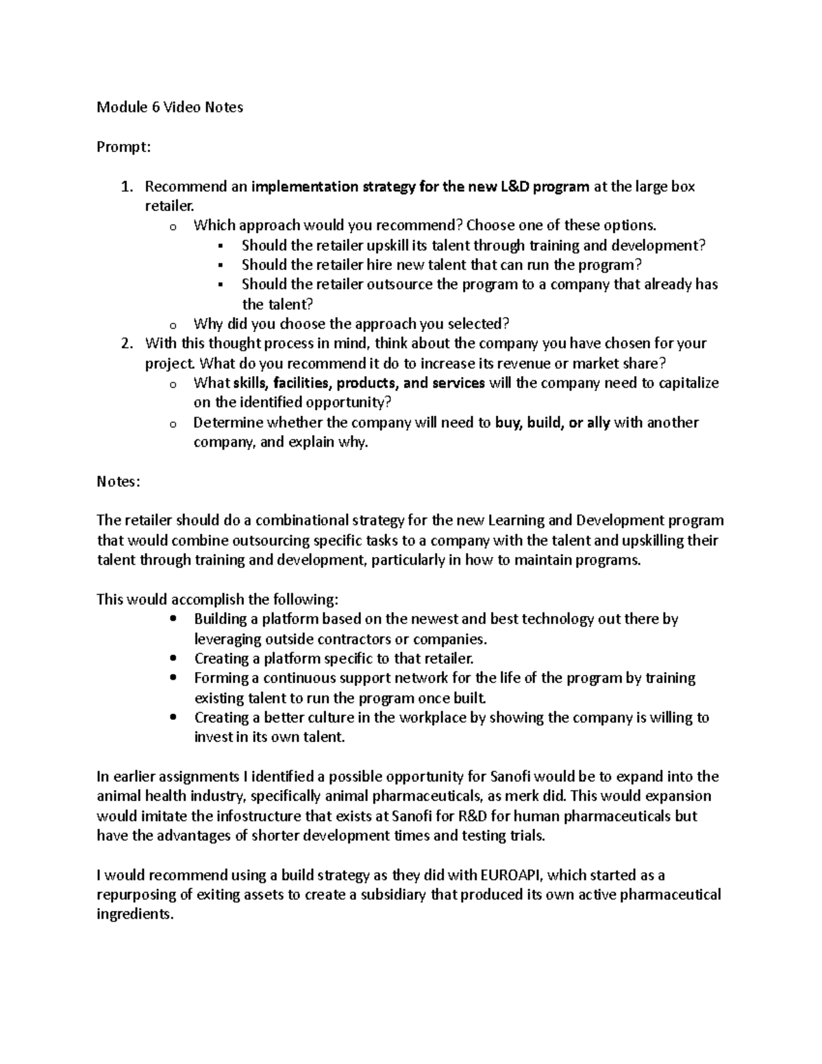 Module 6 L&D Implementation Strategy Video Notes - Studocu