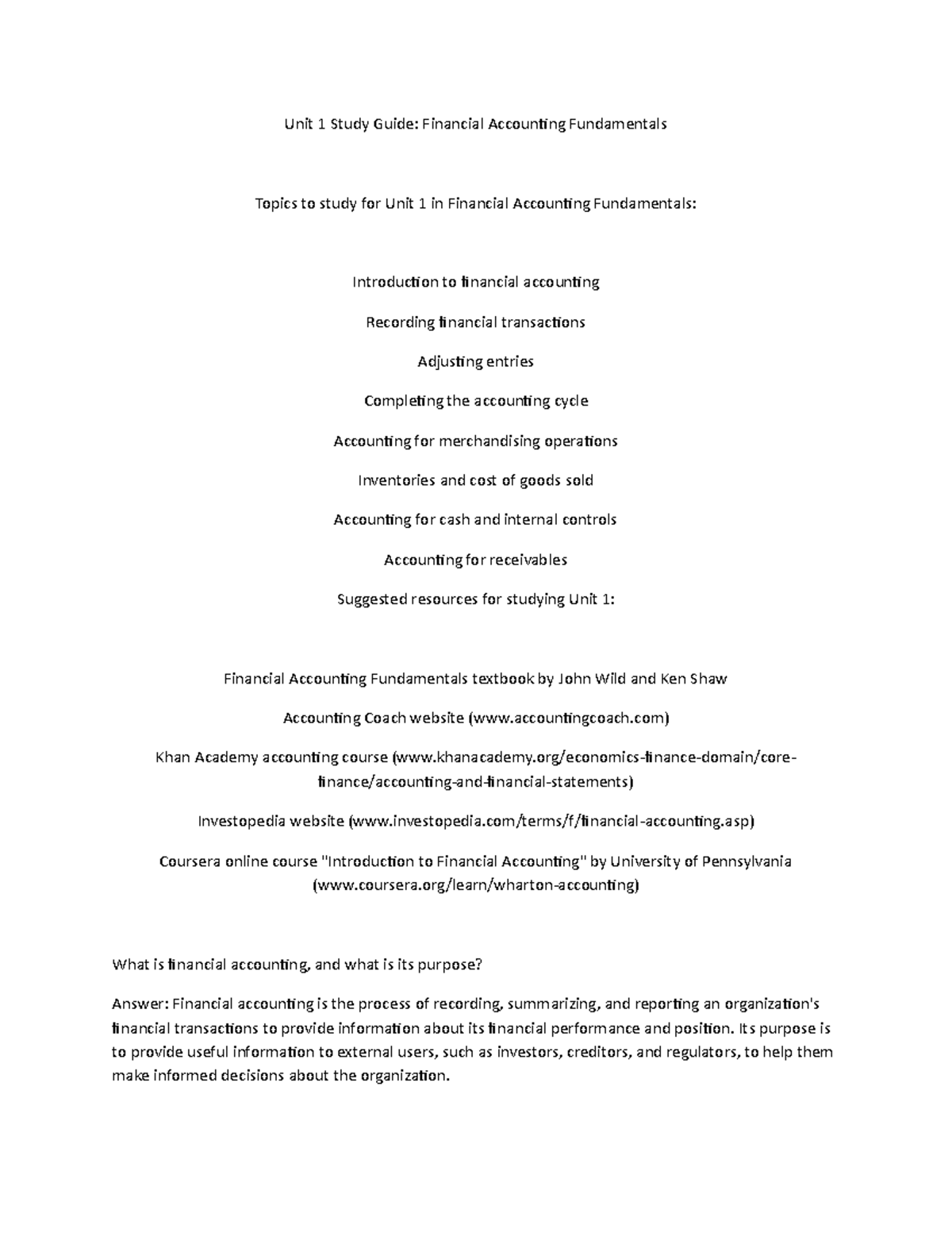 Unit 1 Study Guide: Fundamentals of Financial Accounting - Studocu