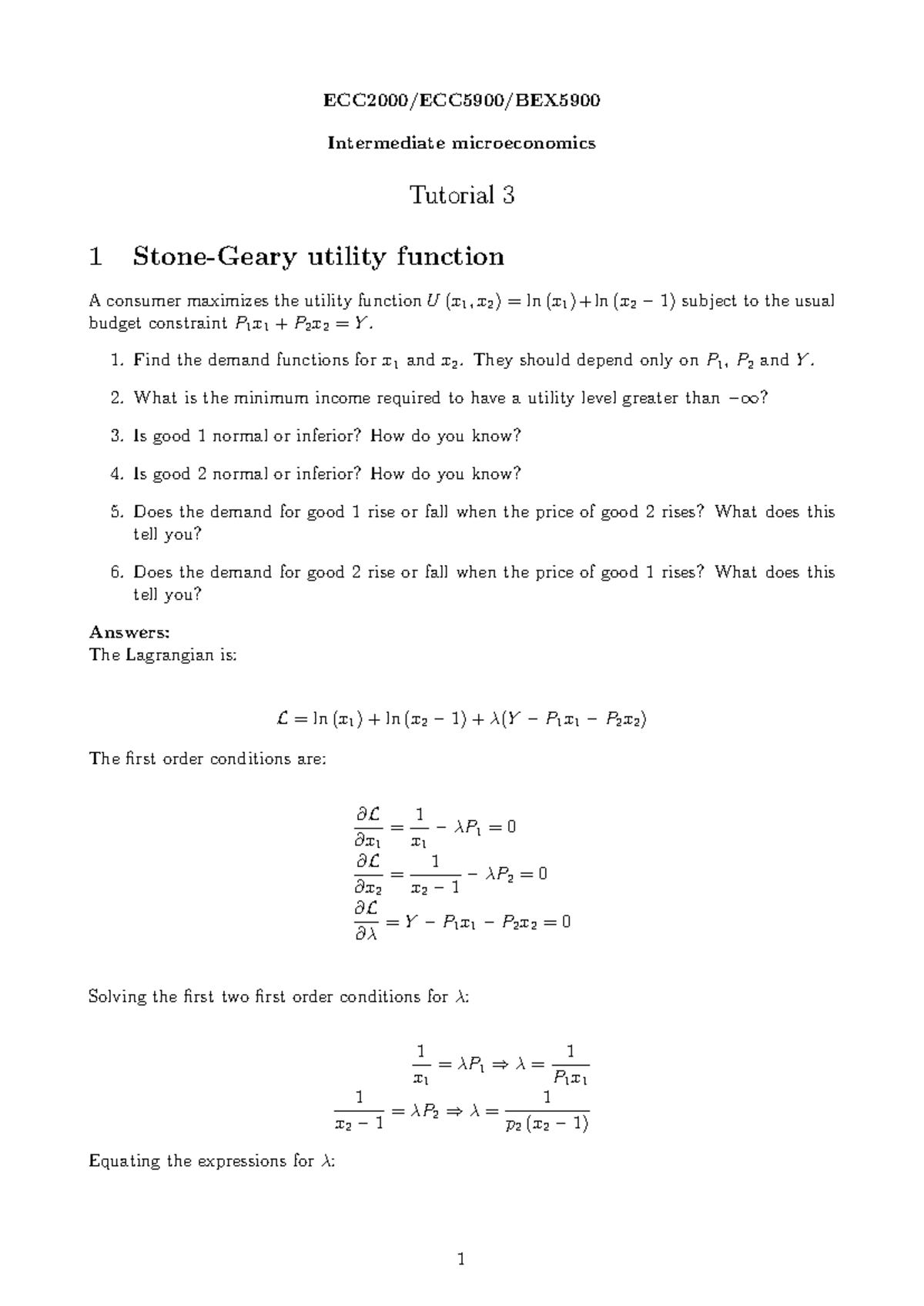 Tutorial 3 answers - consumer theory - ECC2000/ECC5900/BEX Intermediate ...