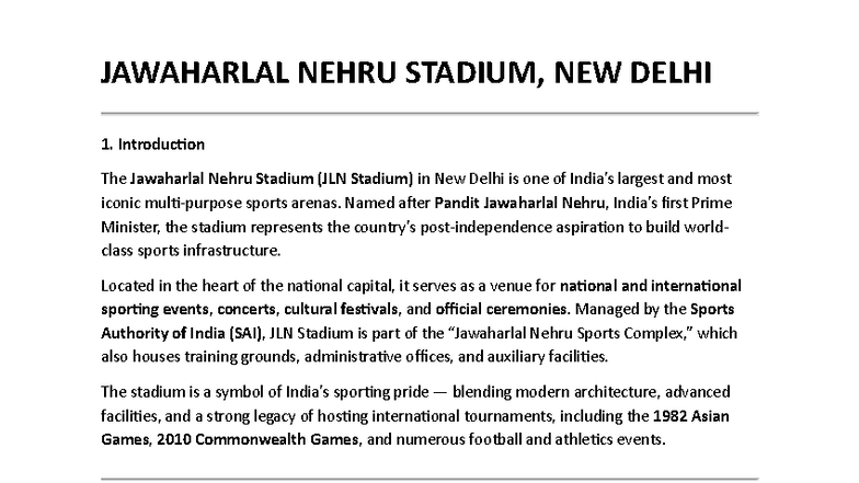 JAWAHARLAL NEHRU STADIUM REPORT: History, Architecture & Events - Studocu