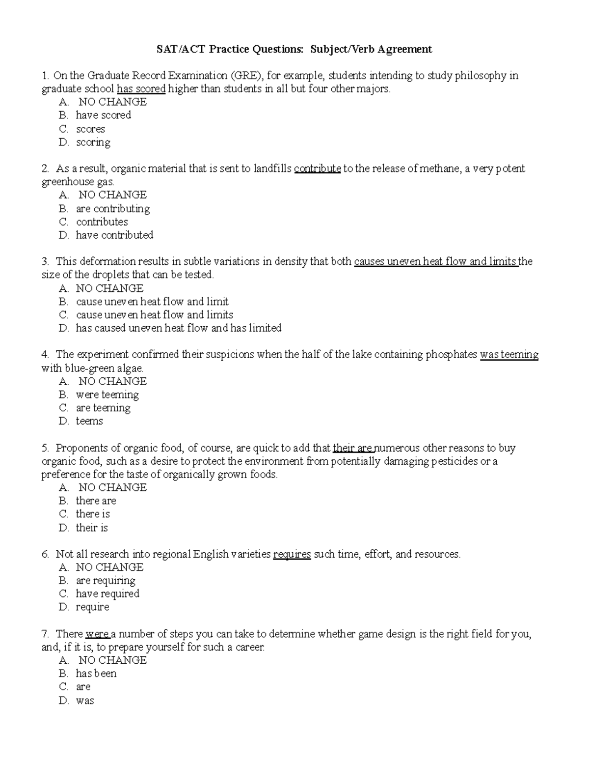 SAT/ACT Practice Questions: Subject-Verb Agreement Test - On the ...