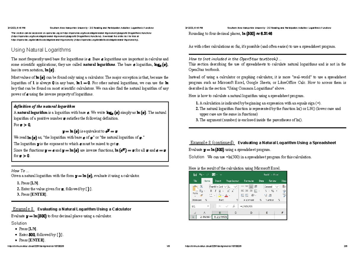 Southern New Hampshire University - 2-2 Logarithmic Functions Participation Activities - Studocu