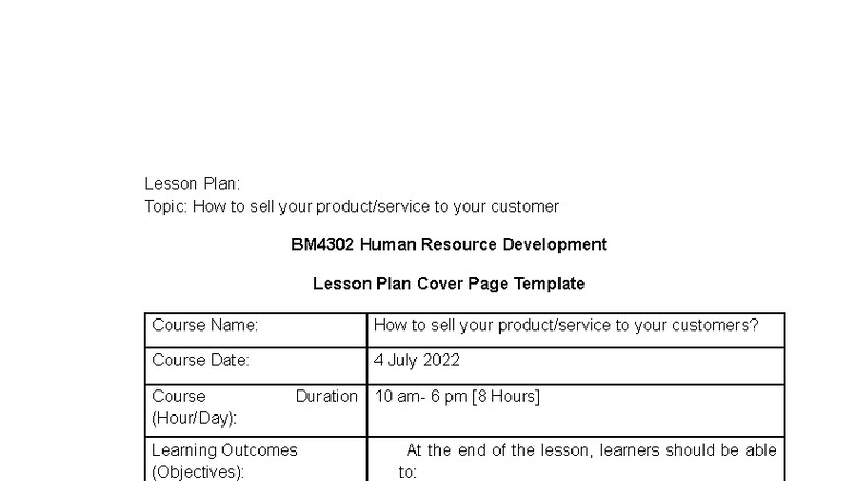 BM4302 Lesson Plan: Mastering Sales Pitches for HRD - Studocu