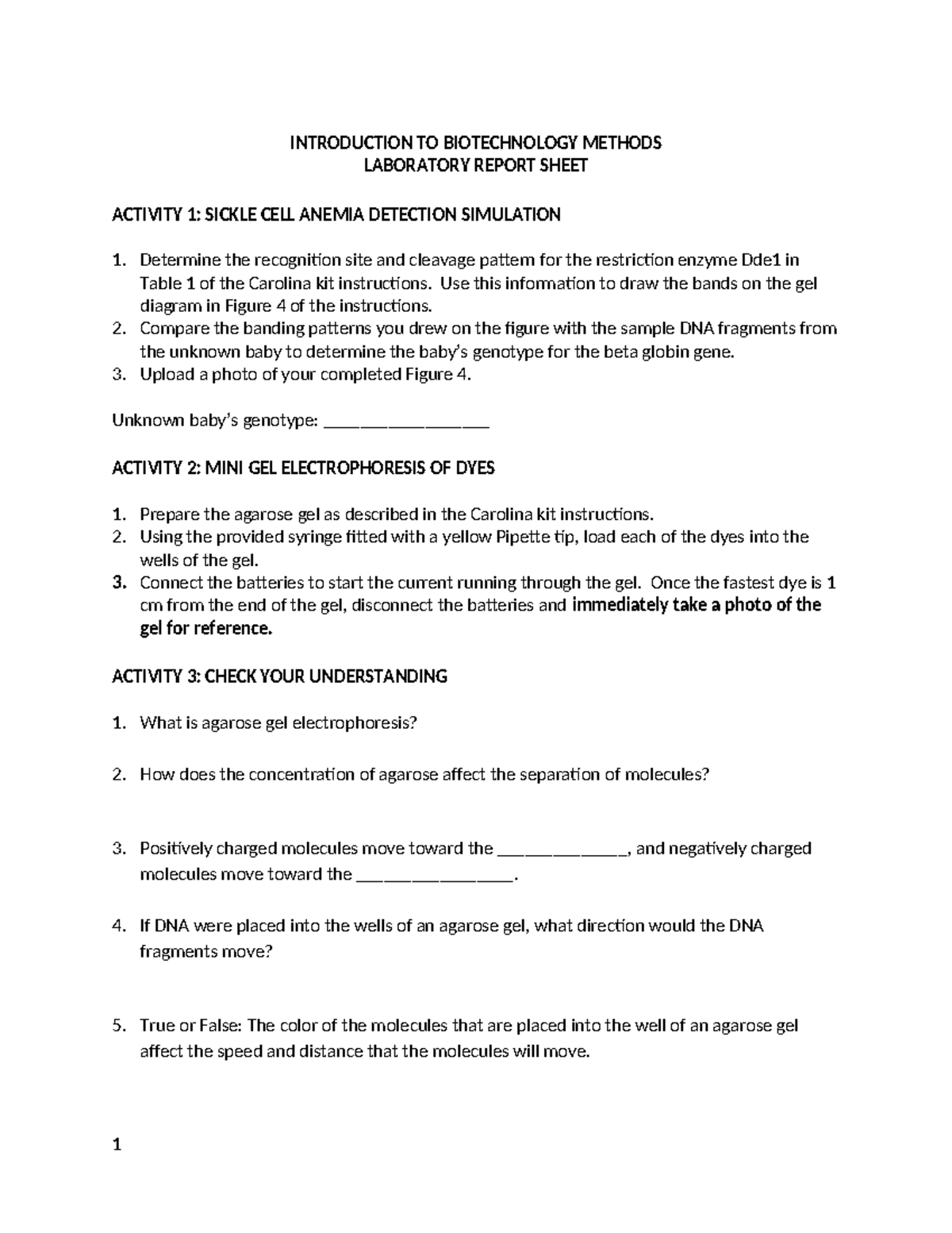Biotechnology Methods Lab Report: Sickle Cell Anemia & Gel ...