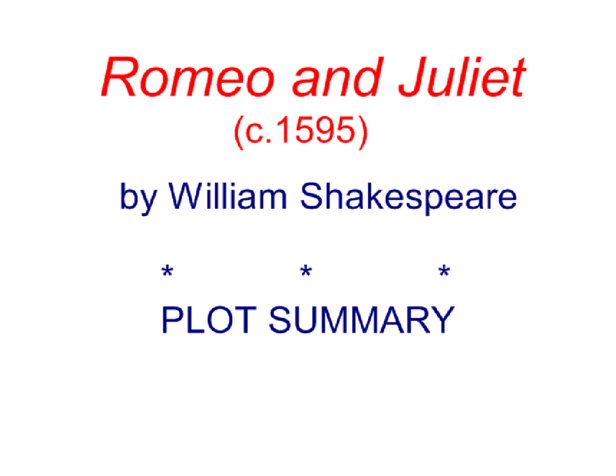 Romeo and Juliet: Comprehensive Plot Overview and Analysis - Studocu