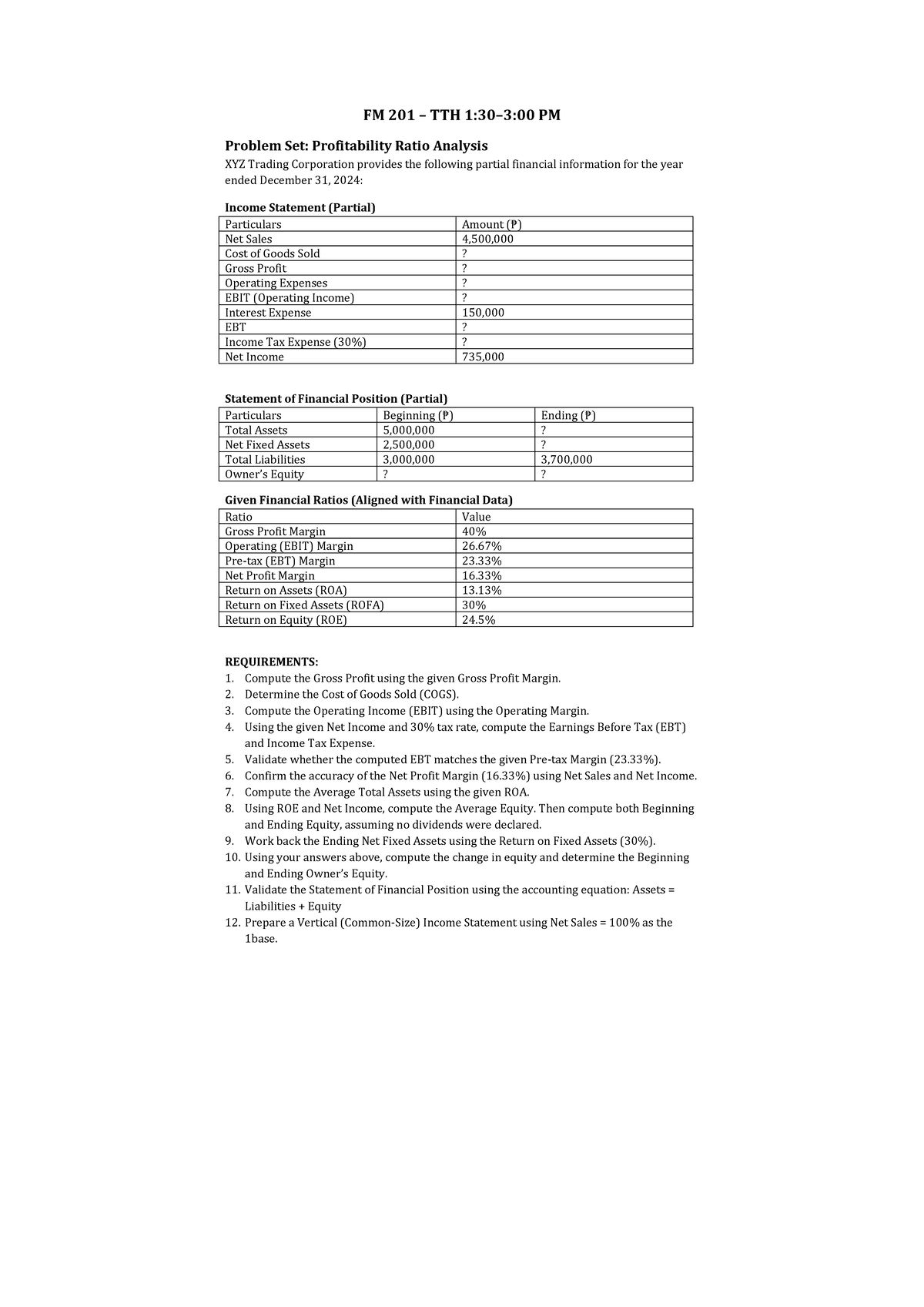 FM 201 TTH PM Problem Set: Profitability Ratios Analysis - Studocu