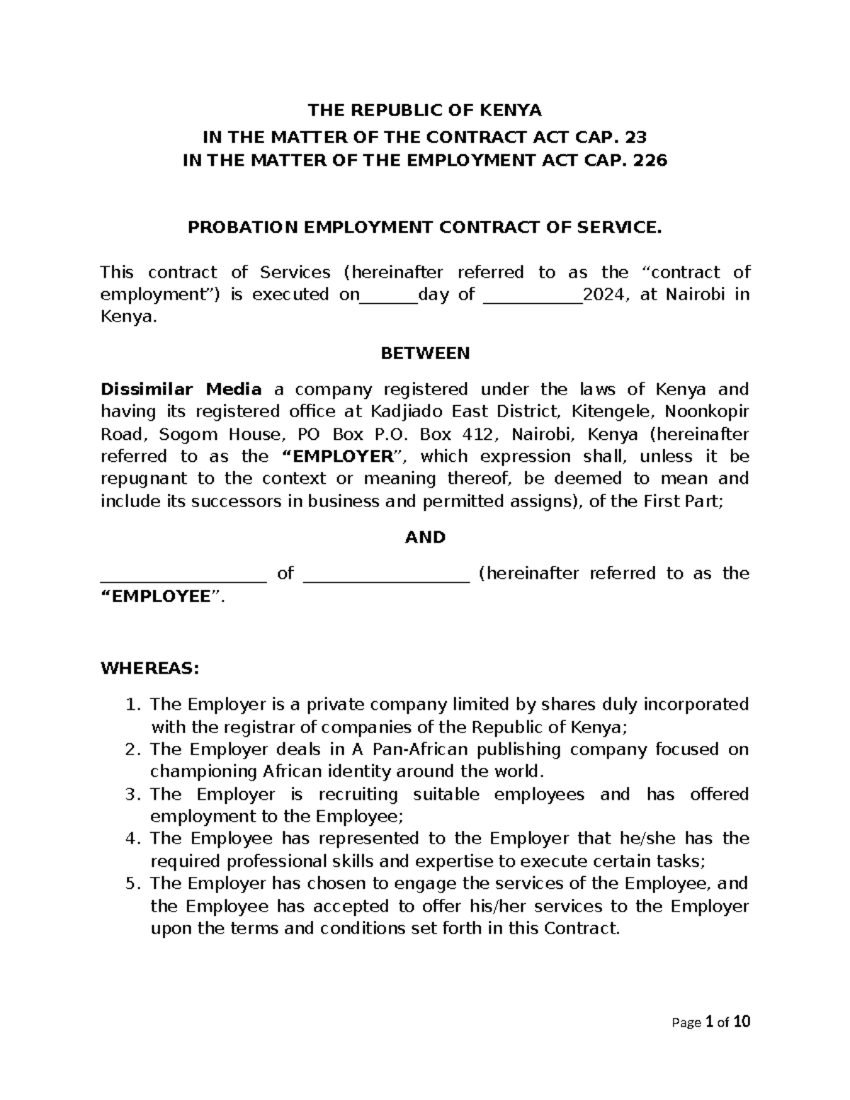 Probation Employment Contract of Service - Kenya (Cap. 23 & 226) - Studocu