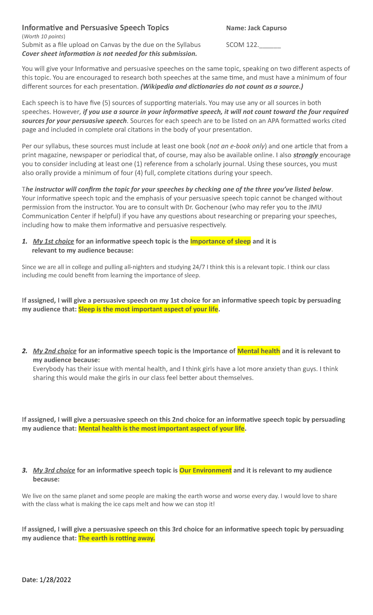 Info, Pers. Speech Topic Selection Sheet - Informative and Persuasive ...