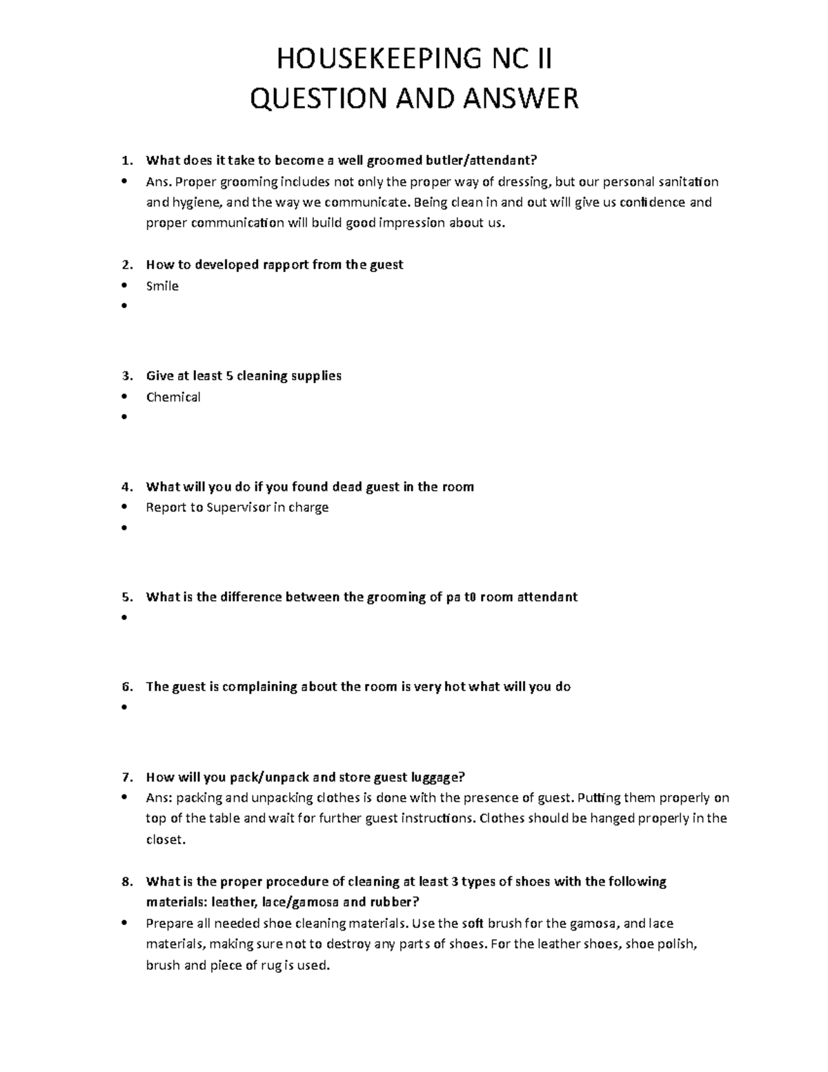 Housekeeping NC II Question and Answer 1 - HOUSEKEEPING NC II QUESTION ...