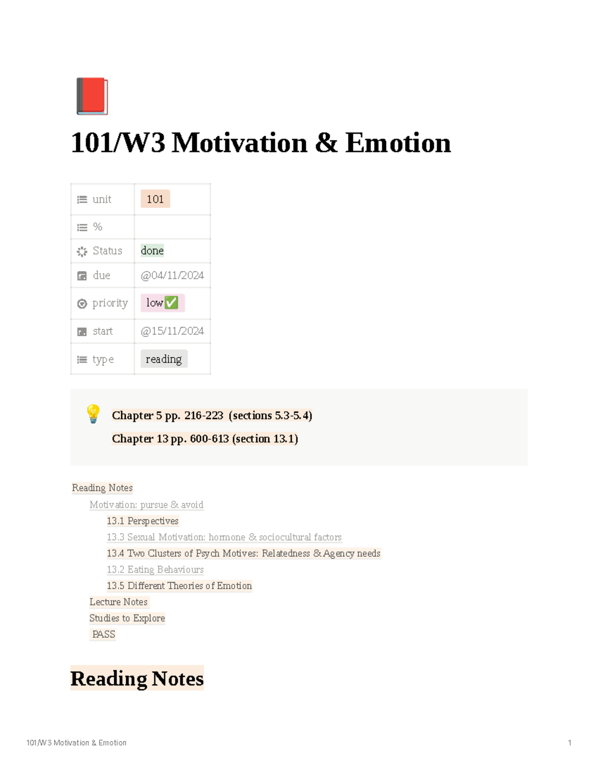PSYC101 Week 3 Lecture Notes on Motivation and Emotion - Studocu