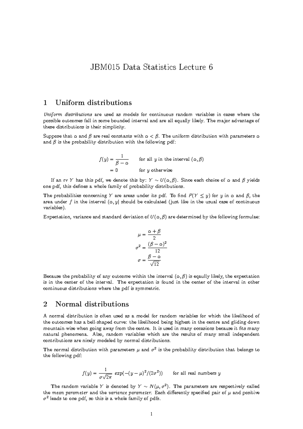 JBM015 Data Statistics Lecture 6: Uniform & Normal Distributions ...