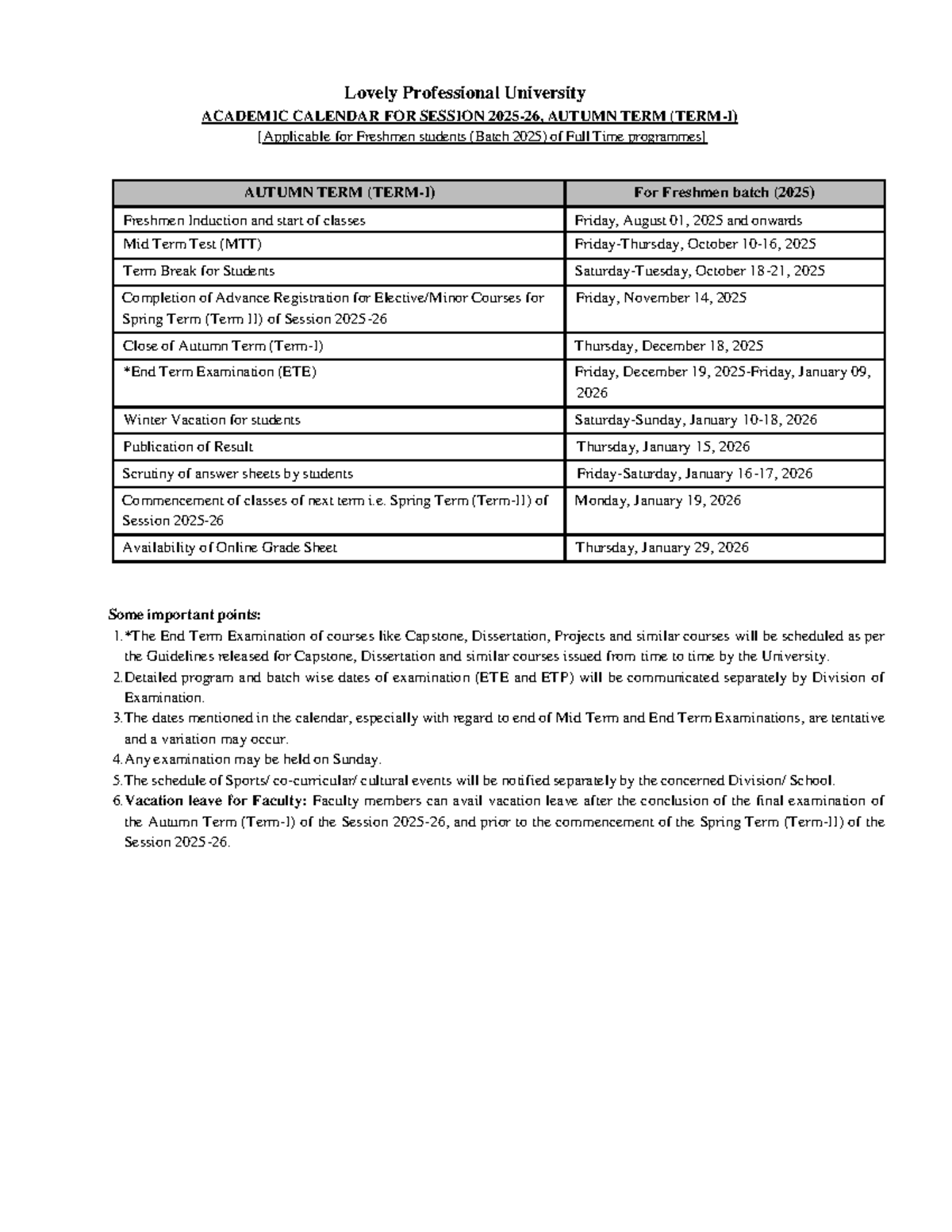 LPU Academic Calendar: Autumn Term 2025 for Freshmen Students - Studocu