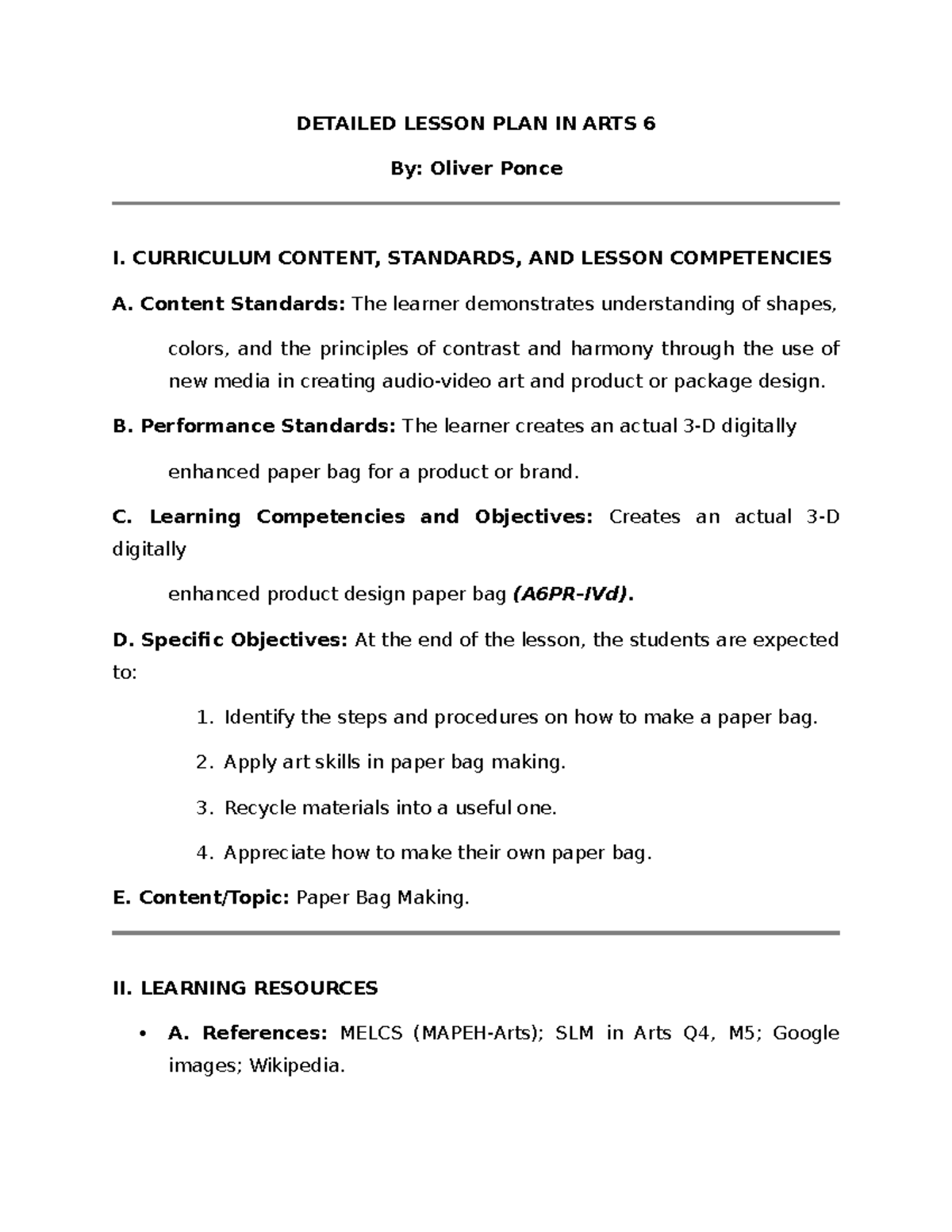 Detailed Lesson Plan in Arts 6: Creating a Digital Paper Bag Design ...