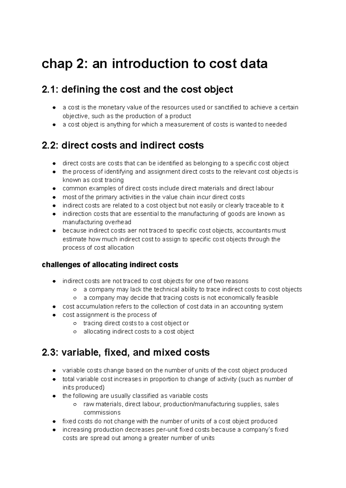ADMS 3510 Chapter 2: Introduction to Cost Data and Cost Objects - Studocu