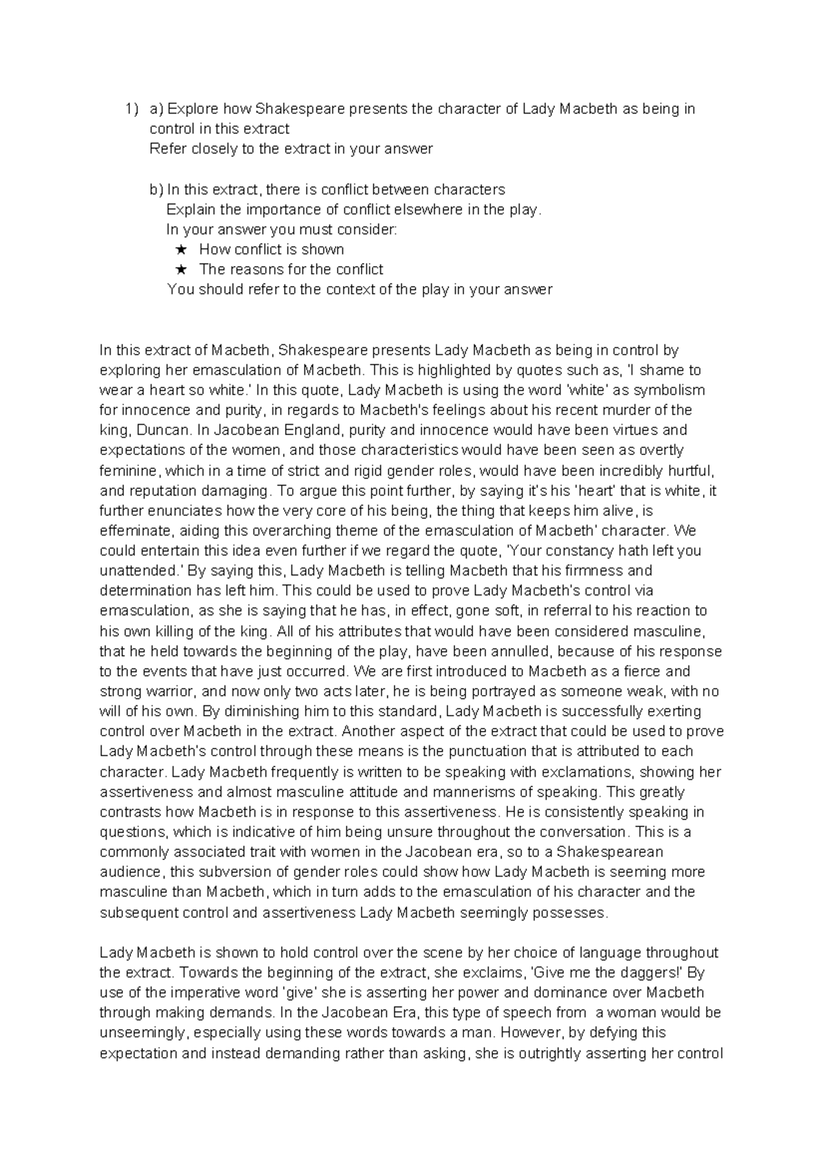Macbeth Essay Part A - Exploring Lady Macbeth's Control (Edexcel) - Studocu