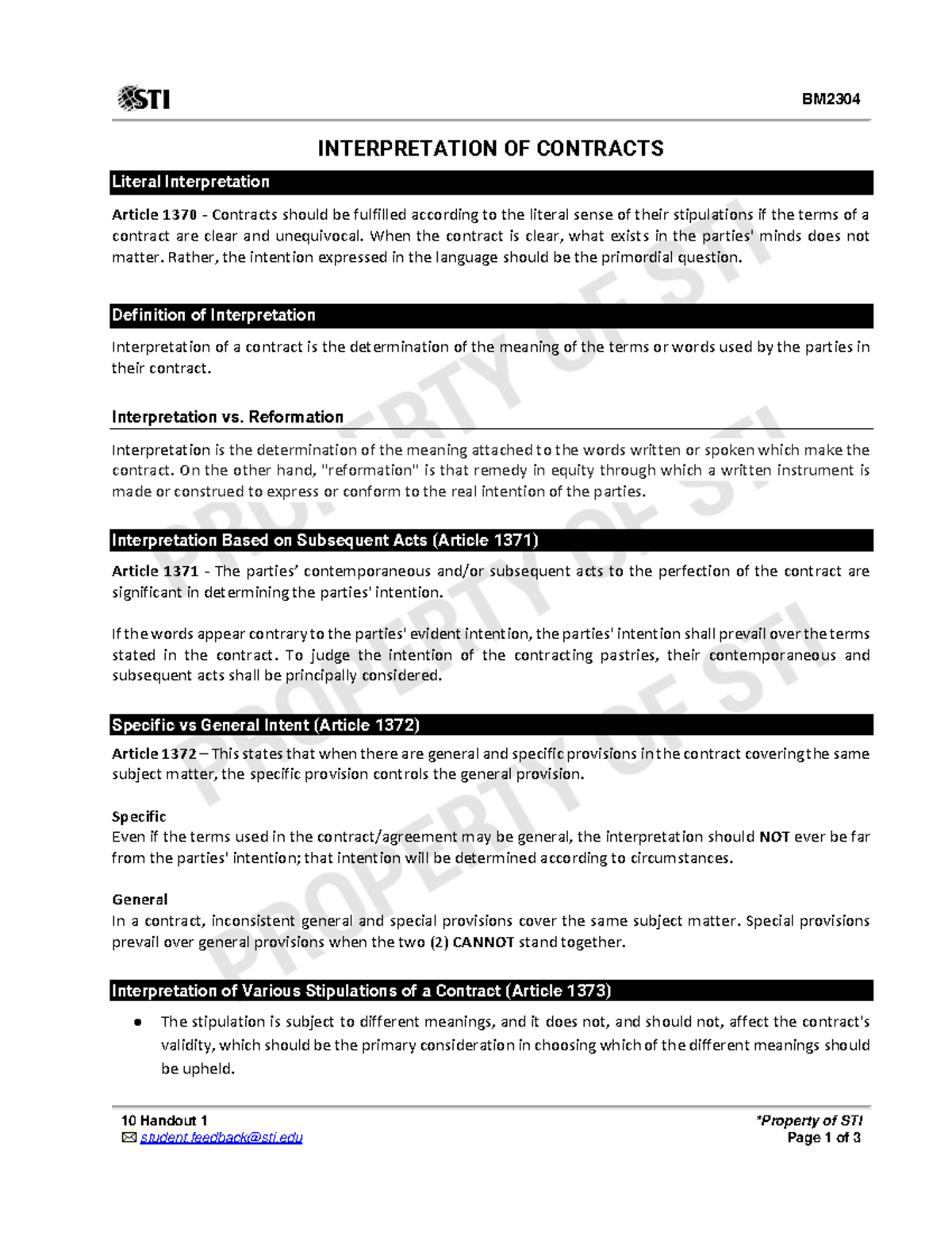 BM2304 INTERPRETATION OF CONTRACTS: Key Articles & Principles - Studocu