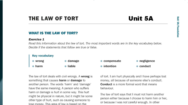 TORT LAW OVERVIEW: UNIT 5A EXERCISES AND VOCABULARY - Studocu