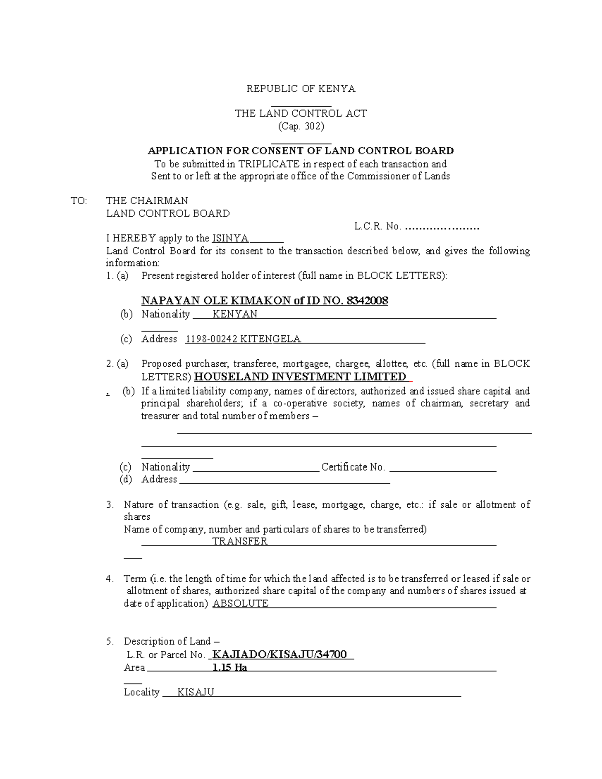 Kimakon LCB Consent Application - Land Control Act (Cap. 302) - Studocu