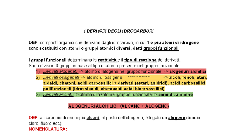I Derivati Degli Idrocarburi: Nomenclatura e Classificazione - Studocu