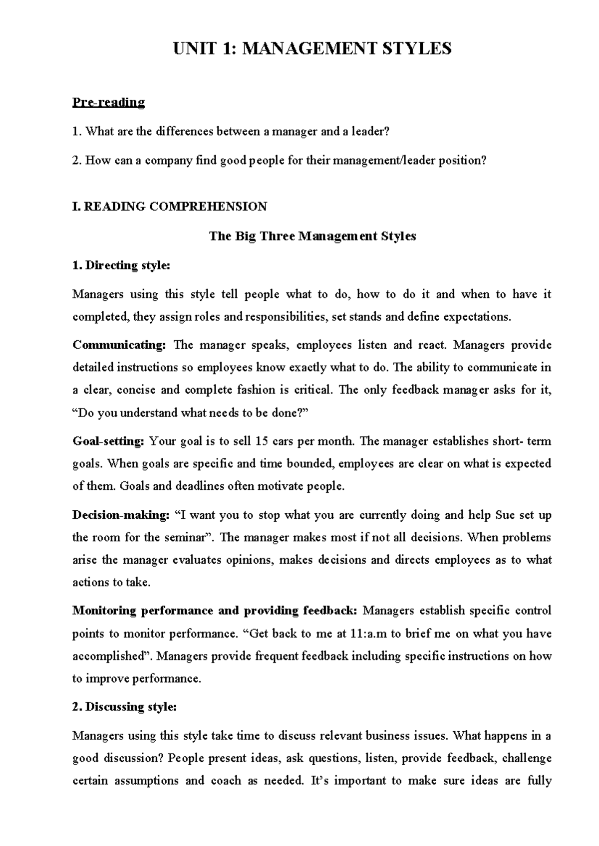 UNIT 1: MANAGEMENT STYLES - Differences Between Managers and Leaders ...