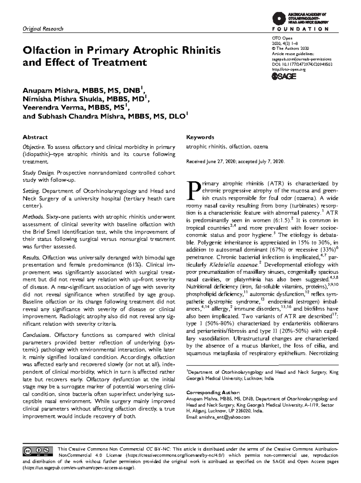 Olfactory Assessment in Primary Atrophic Rhinitis: Treatment Outcomes ...