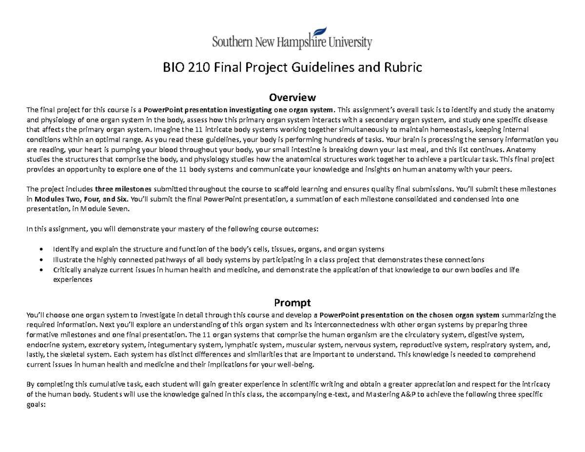 BIO 210 Final Project: Organ System Presentation Guidelines & Rubric ...