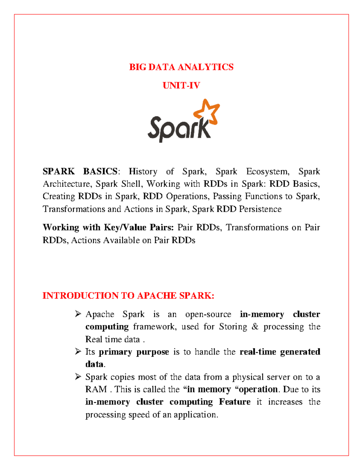 BDA-UNIT-4: Fundamentals of Apache Spark and RDD Operations - Studocu