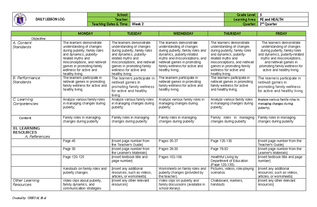 PE and Health 5 Q2 Week 2 Daily Lesson Log on Puberty and Family Roles ...
