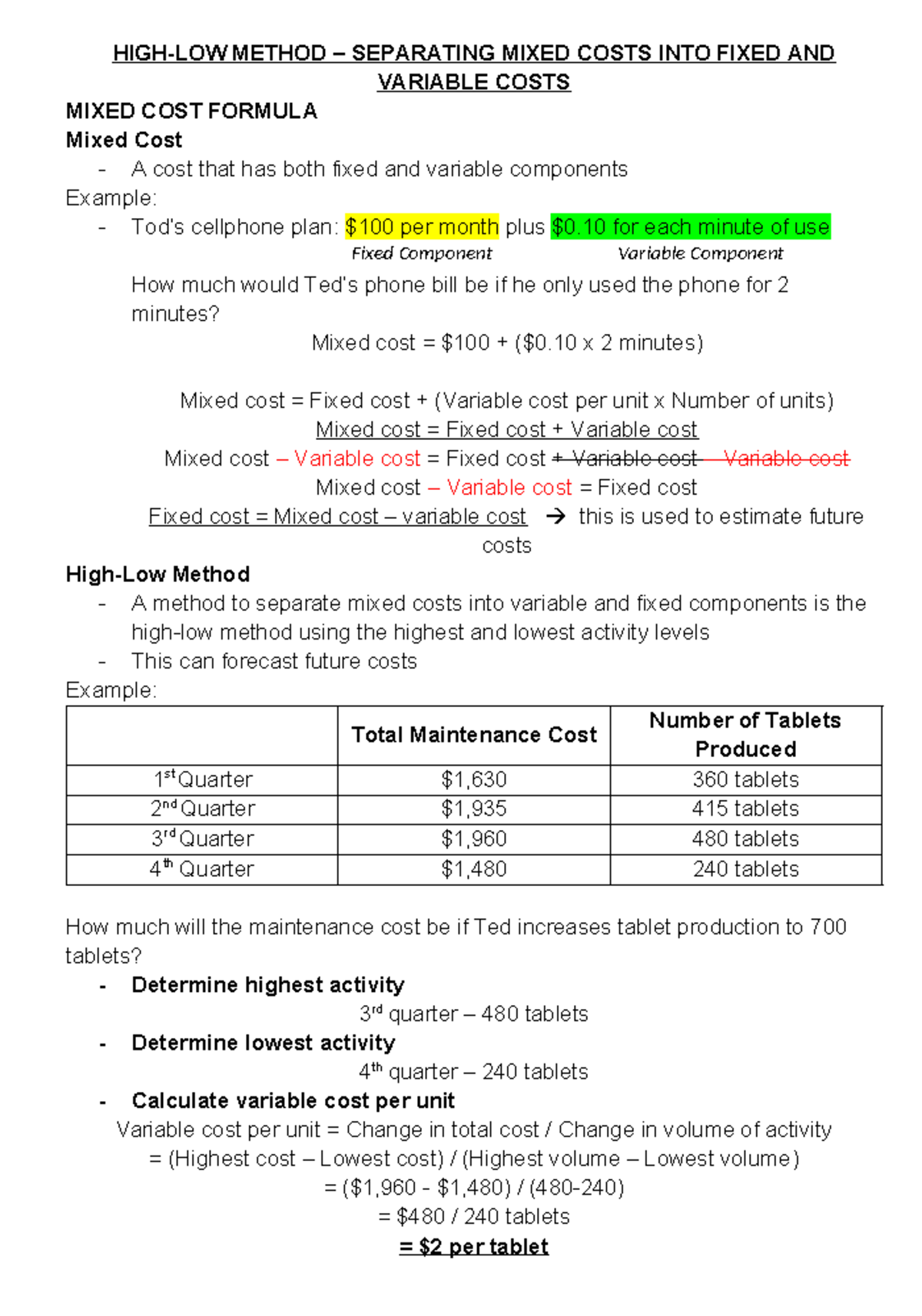 Cost Accounting: Separating Mixed Costs into Fixed and Variable Components - Studocu