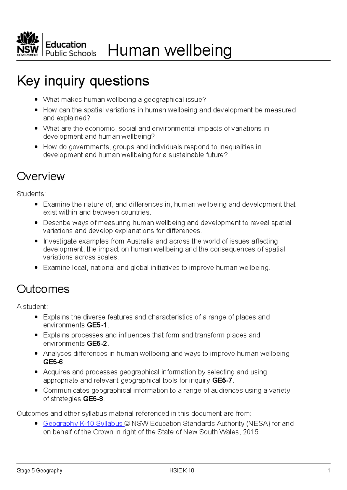 Human Wellbeing: Key Inquiry Questions & Insights for Stage 5 Geography ...