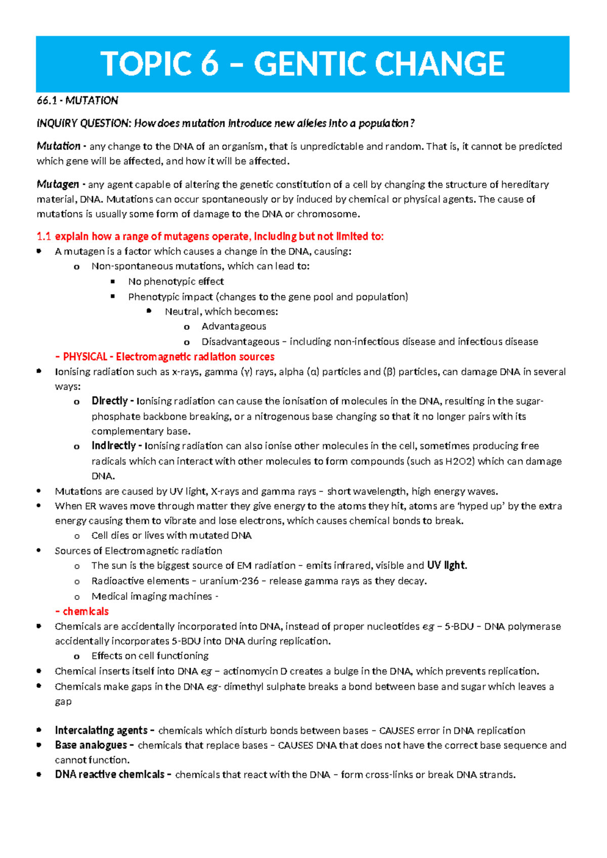 Topic 6 - Genetic Change - 66 - MUTATION INQUIRY QUESTION: How does ...