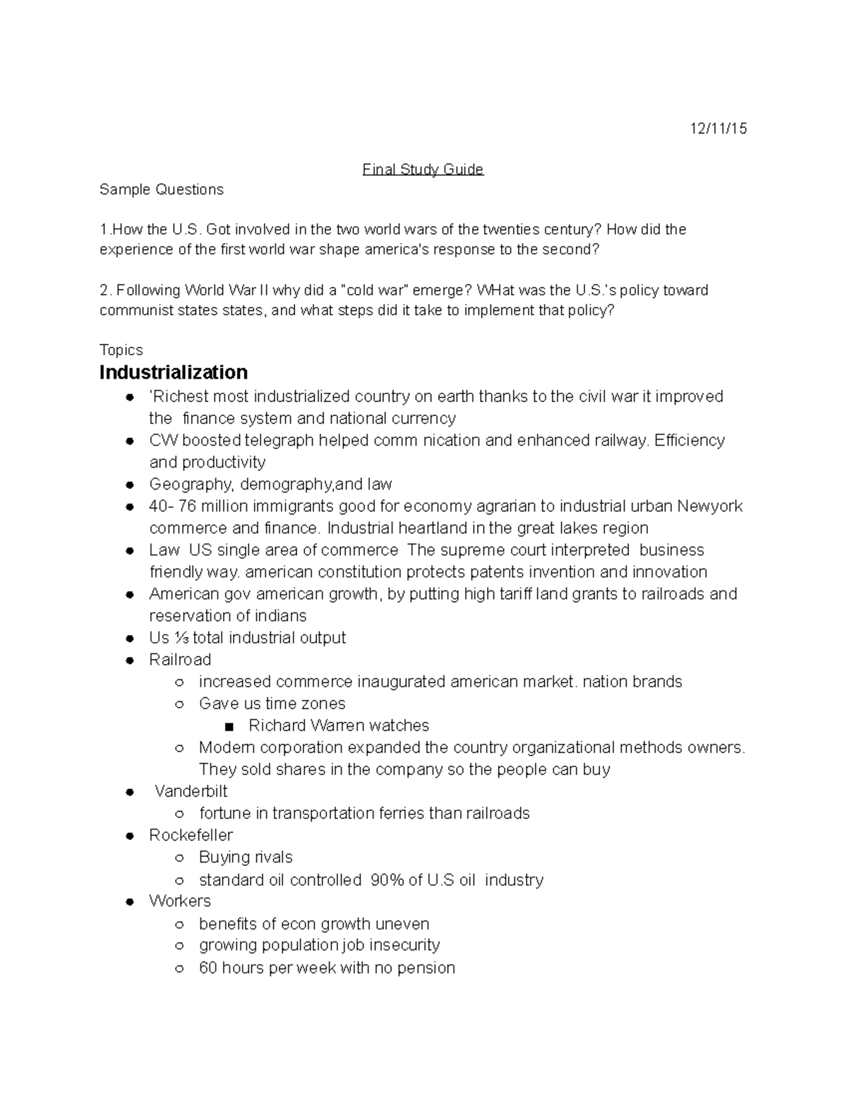 History 225 Final Study Guide - Final Study Guide Sample Questions 1 ...