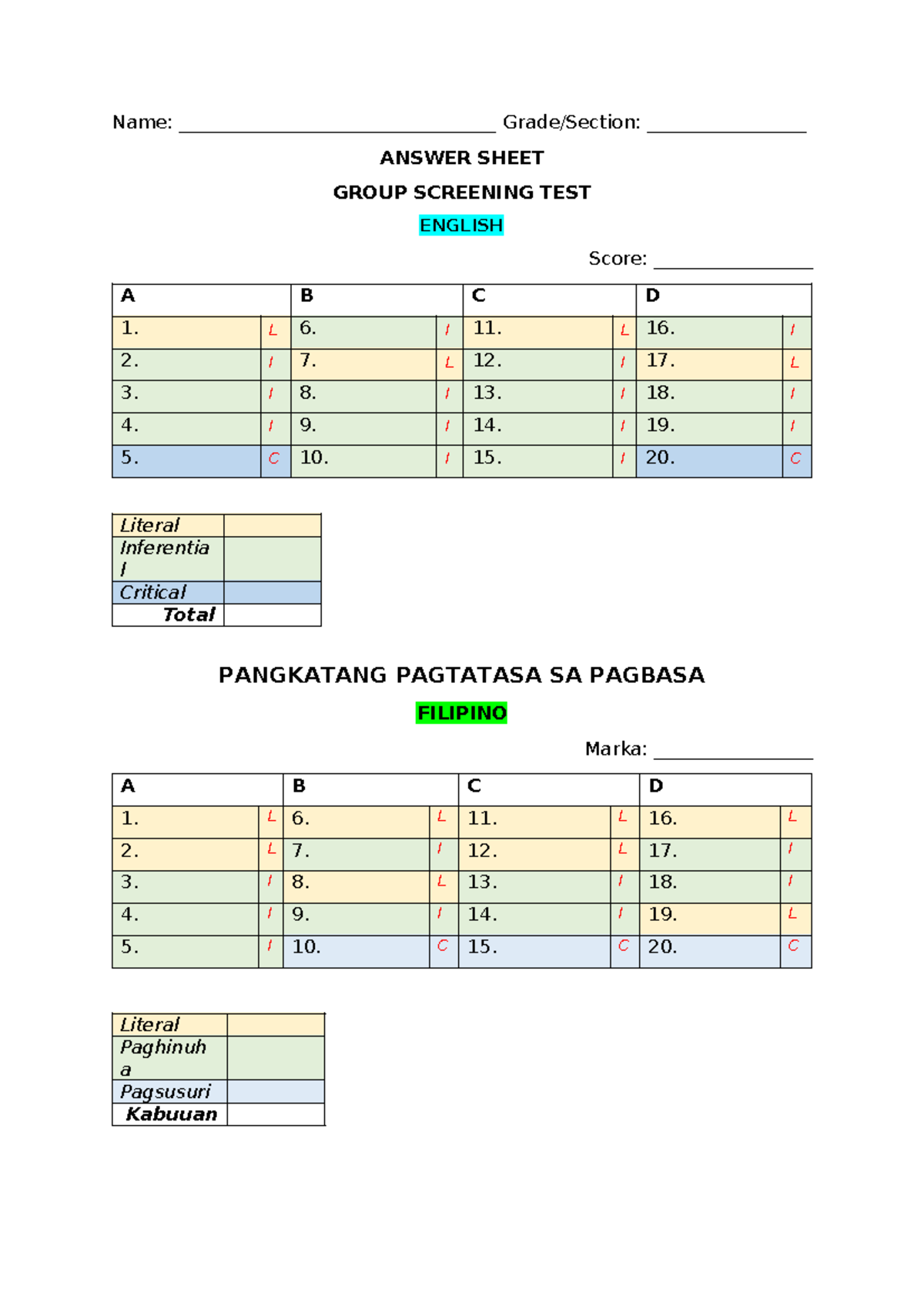 GST Answer Sheet - Group Screening Test in English & Filipino - Studocu