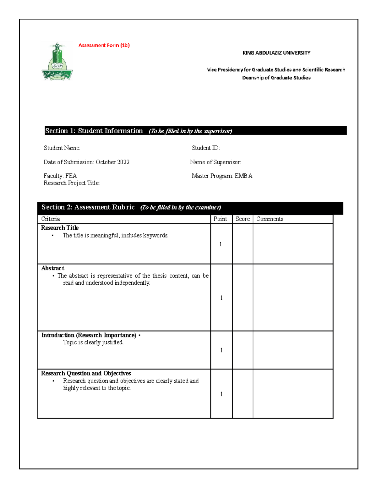 EMBA 1b Research Project Assessment Form - KAU Evaluation Rubric - Studocu