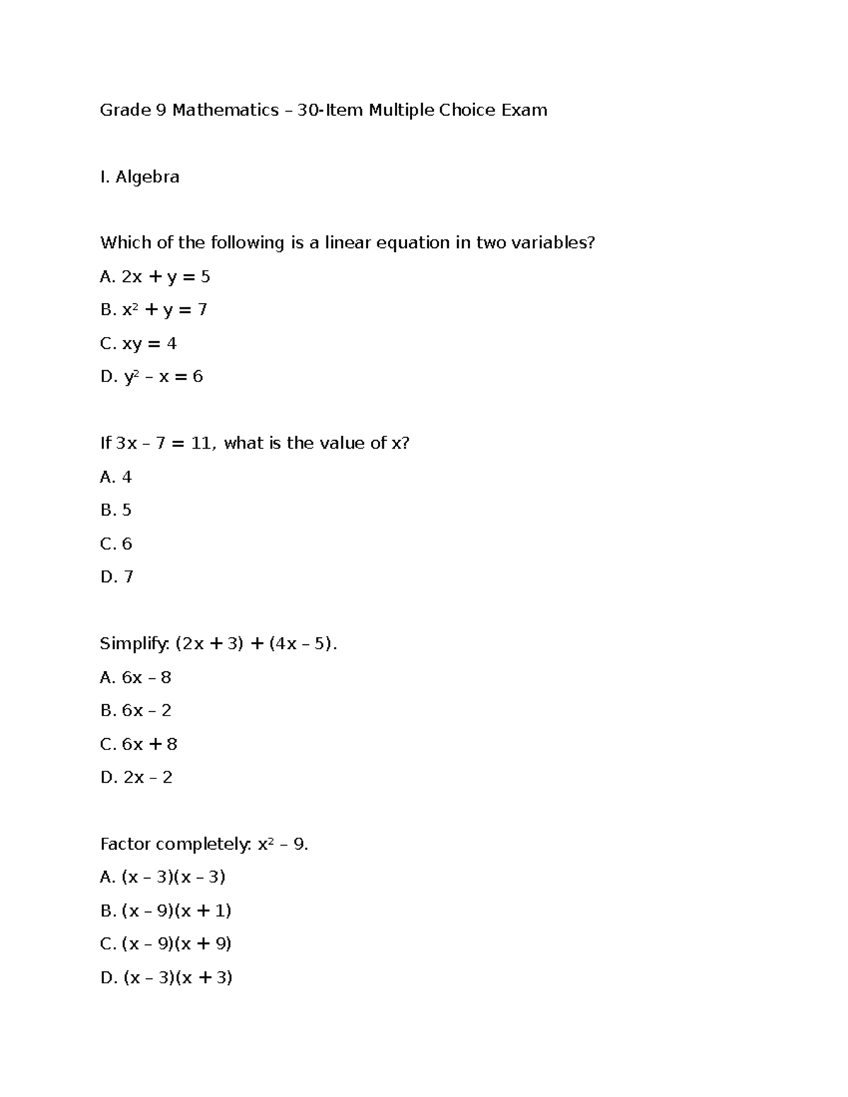 Grade 9 Mathematics Multiple Choice Exam I: Algebra & Stats - Studocu