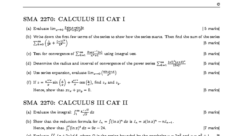 SMA 2270: CALCULUS CAT I & II Comprehensive Study Guide - Studocu