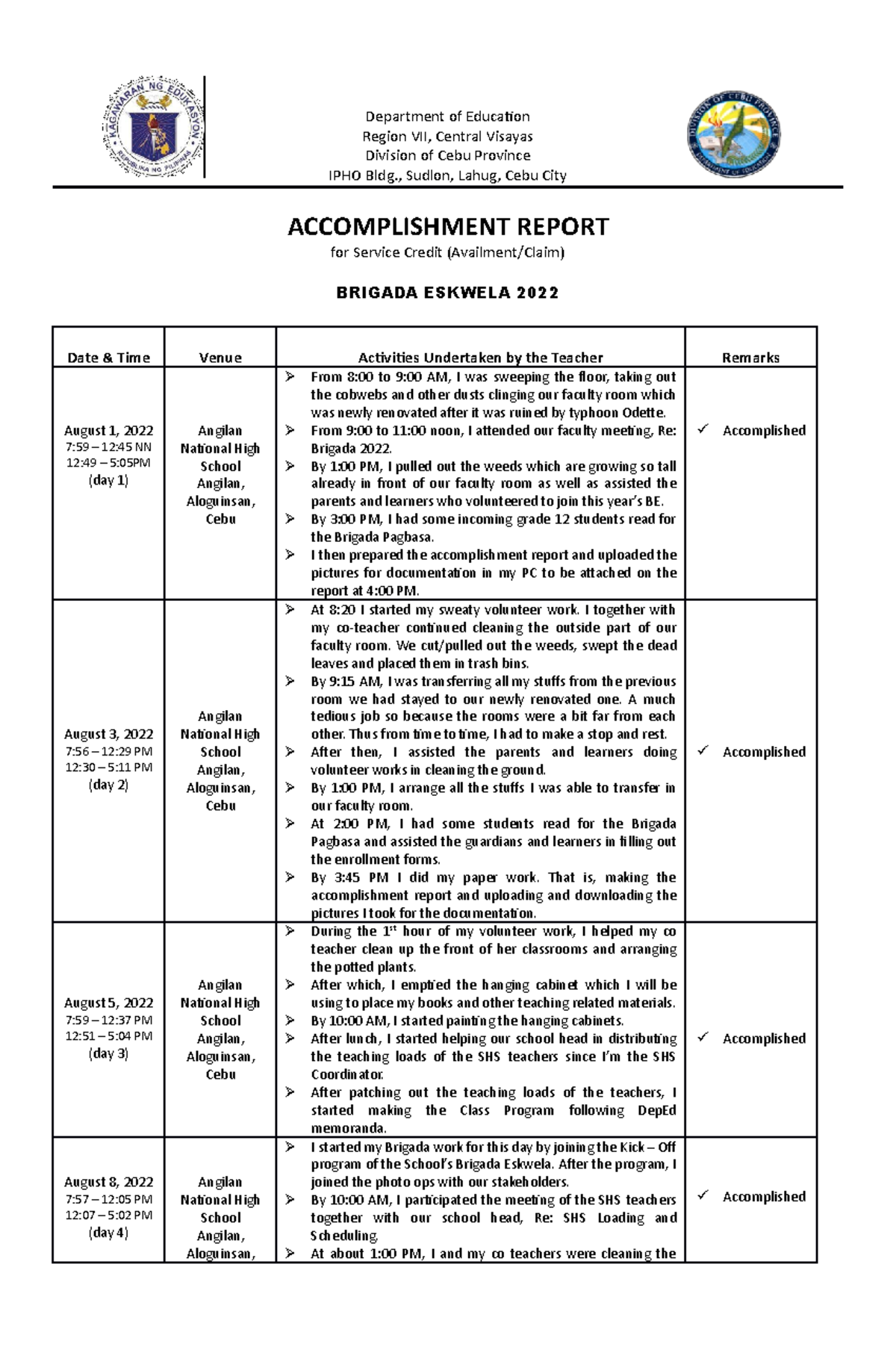 Brigada Eskwela 2022: Accomplishment Report for Service Credit - Studocu