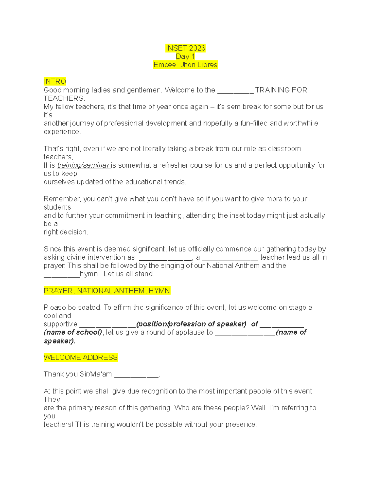 INSET 2023 Emcee Script for Teacher Training Event - Studocu
